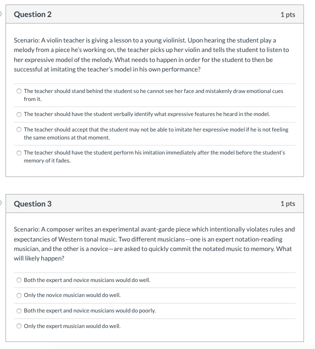 Solved Question 2 1 pts Scenario: A violin teacher is giving | Chegg.com