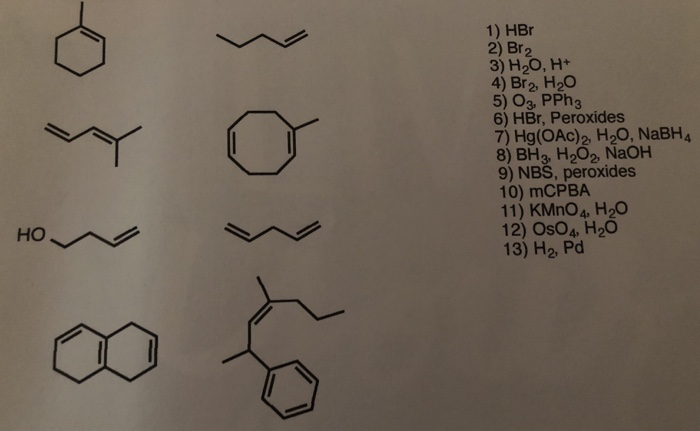 Solved 1) HBr 2) Br 2 3) H20, H+ 4) Br2, H20 5) O3, PPh3 6) | Chegg.com