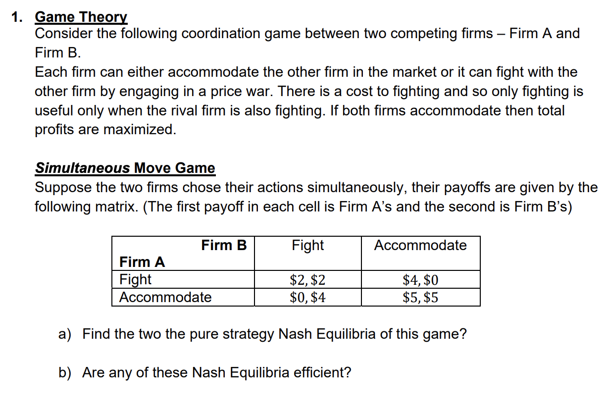 Solved 1. Game Theory Consider the following coordination | Chegg.com