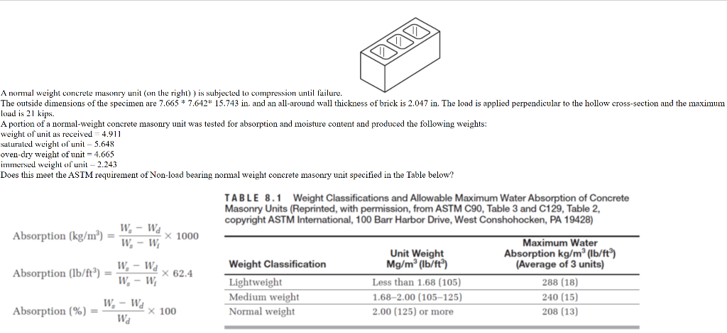 Solved A normal weight concrete masonry unit on the right)) | Chegg.com