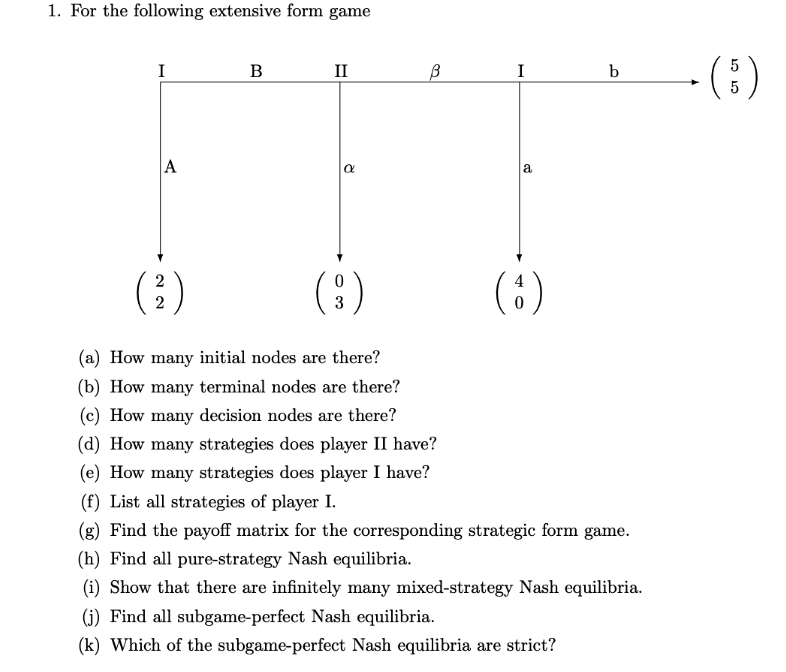 Solved 1. For the following extensive form game (a) How many | Chegg.com