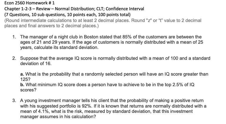 Solved Chapter 1-2-3 - Review - Normal Distribution; CLT; | Chegg.com