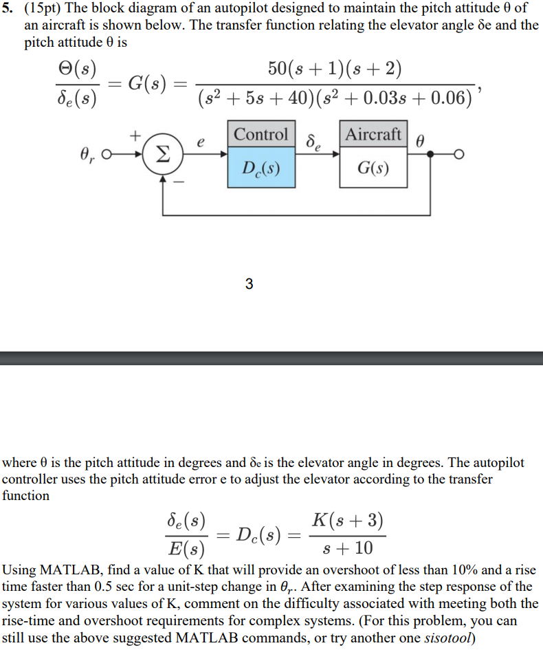 Solved 5. (15pt) The block diagram of an autopilot designed | Chegg.com