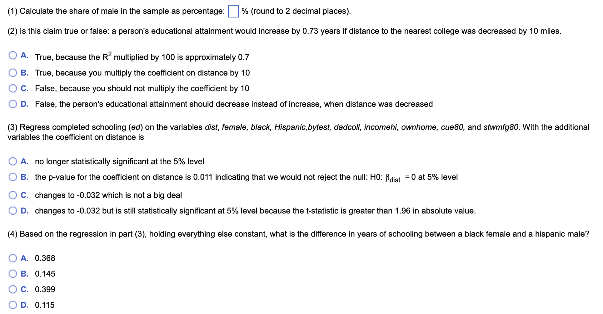 Using the Excel data set, College Distance, described | Chegg.com