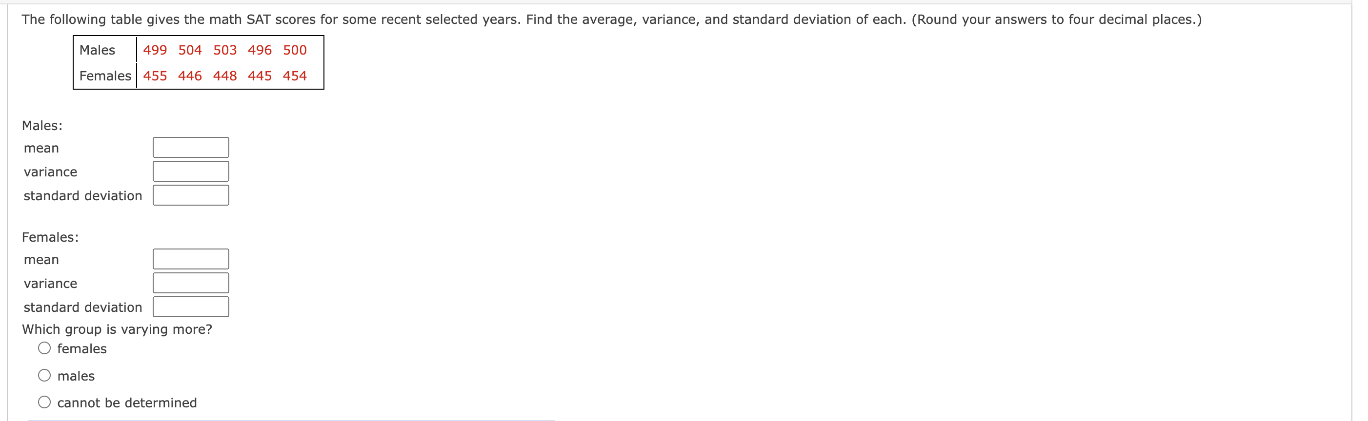 Solved Males Mean Variance Standard Deviation Females Mean