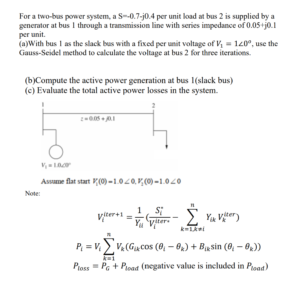 Solved For a two-bus power system, a S=−0.7−j0.4 per unit | Chegg.com