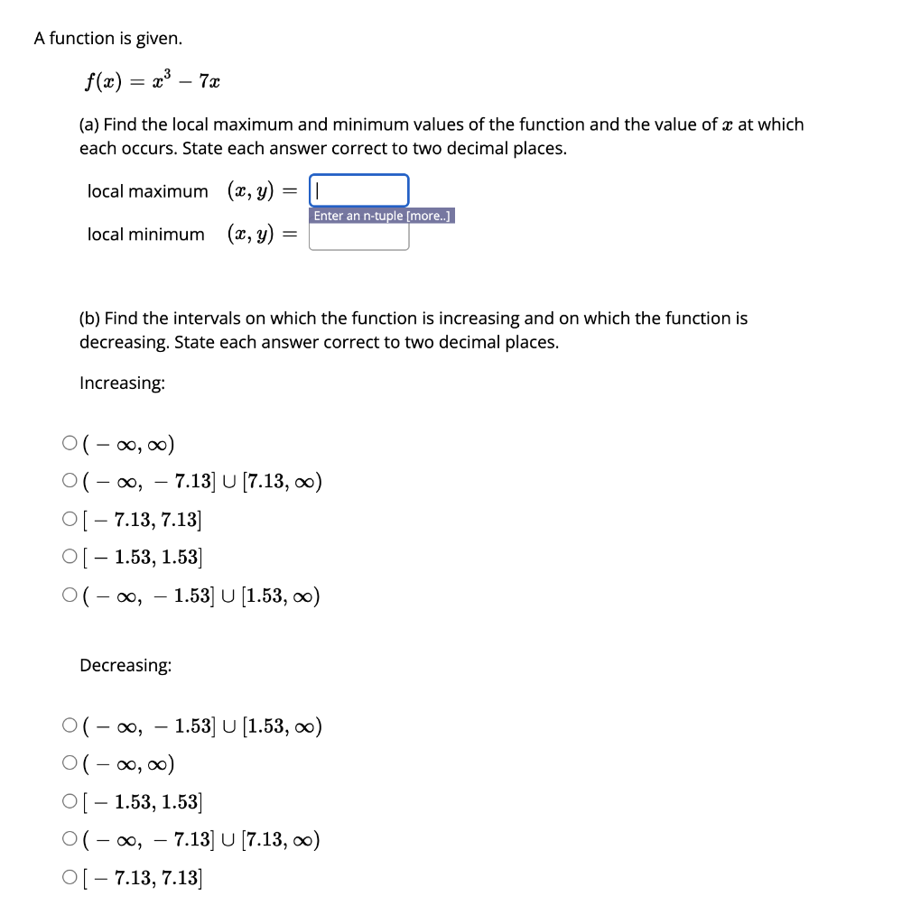 Solved A function is given. f(x) = x3 – 7x = (a) Find the | Chegg.com