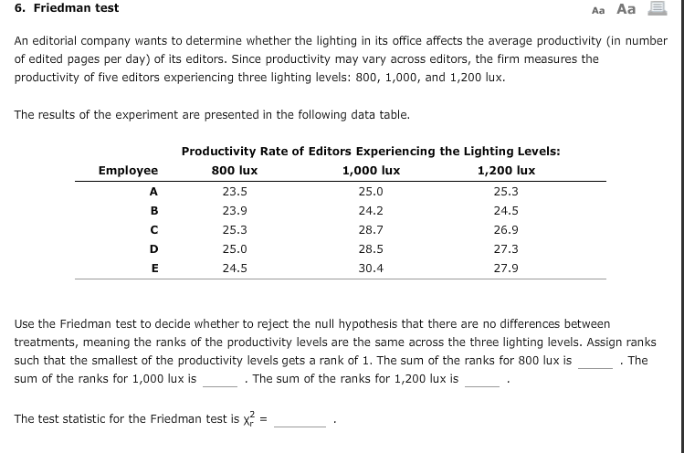 Solved 6. Friedman test Aa Aa An editorial company wants to | Chegg.com