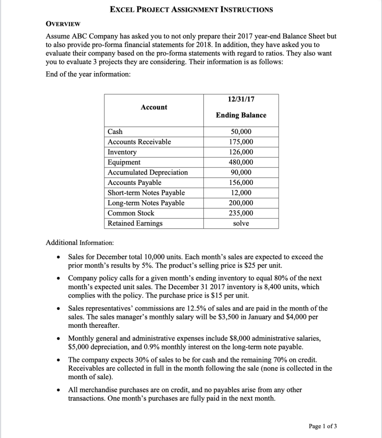 EXCEL PROJECT ASSIGNMENT INSTRUCTIONS OVERVIEW Assume | Chegg.com