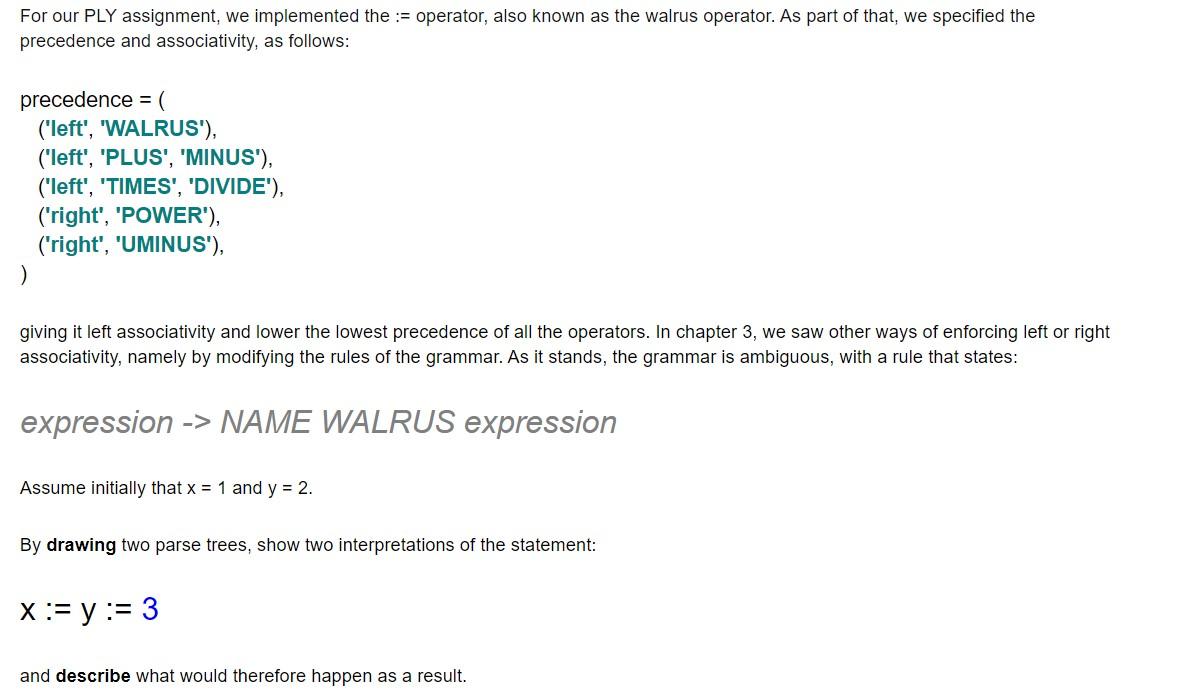 Solved For our PLY assignment, we implemented the := | Chegg.com