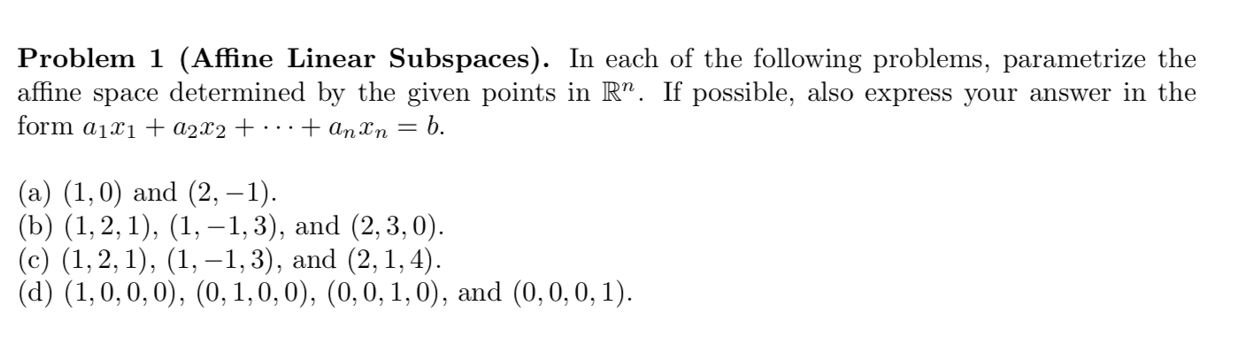 Solved Problem 1 (Affine Linear Subspaces). In each of the | Chegg.com