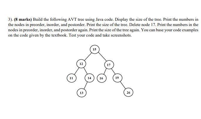 Solved 3). (8 marks) Build the following AVT tree using Java | Chegg.com