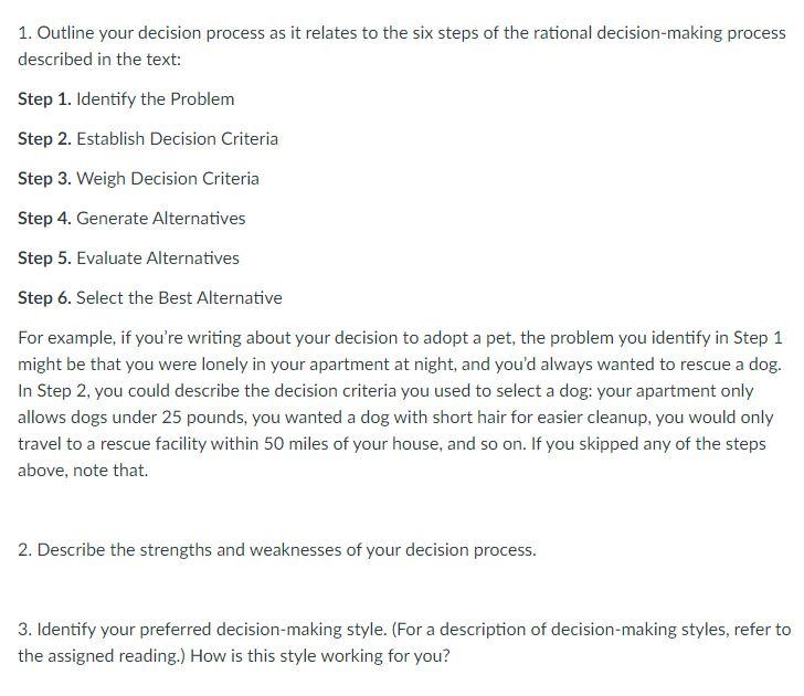 1. Outline your decision process as it relates to the | Chegg.com