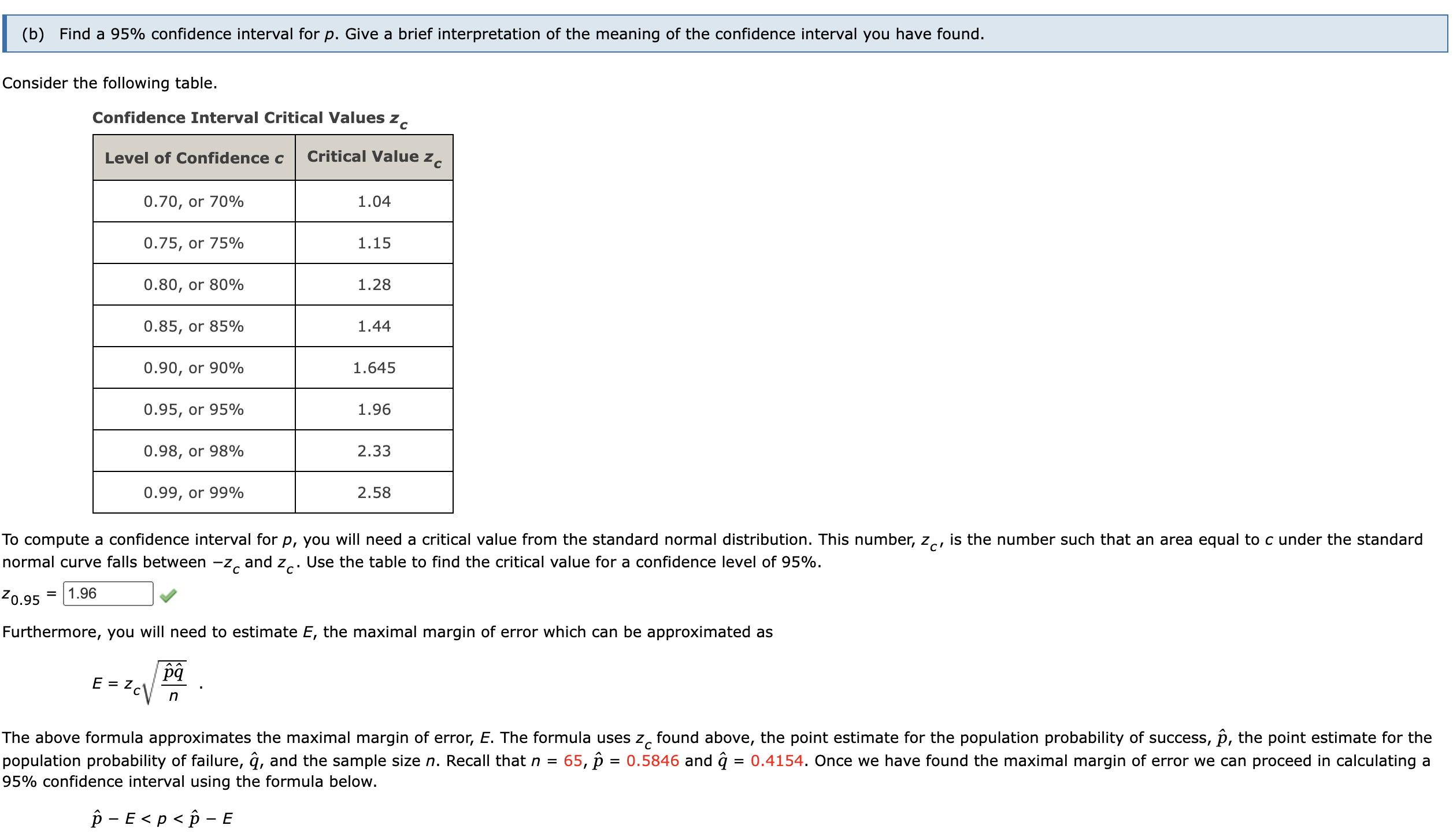 Solved (b) Find a 95% confidence interval for p. Give a | Chegg.com