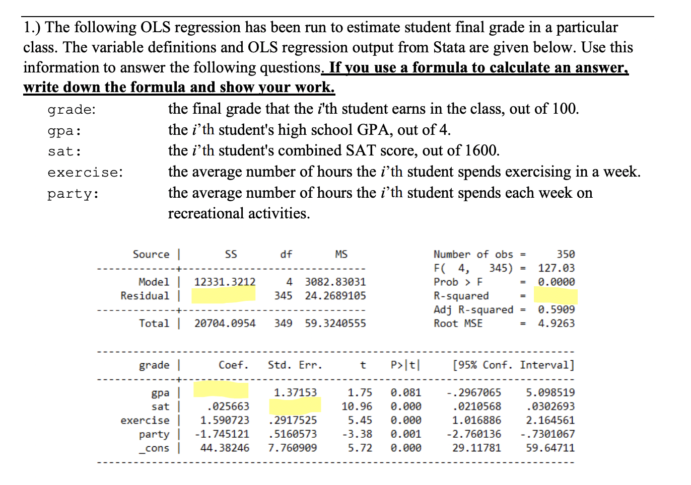 Solved 1.) The following OLS regression has been run to | Chegg.com
