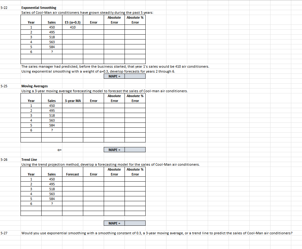 Solved 5-22 ﻿Exponential SmoothingSales of Cool-Man air | Chegg.com
