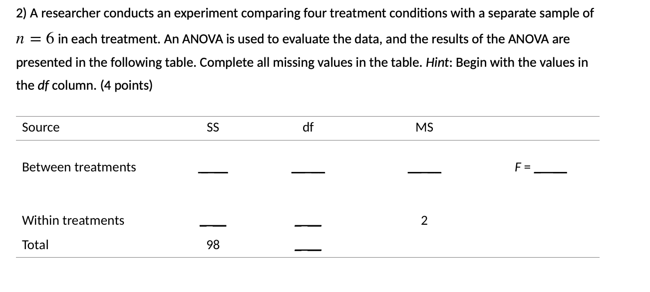 Solved 2) A researcher conducts an experiment comparing four | Chegg.com