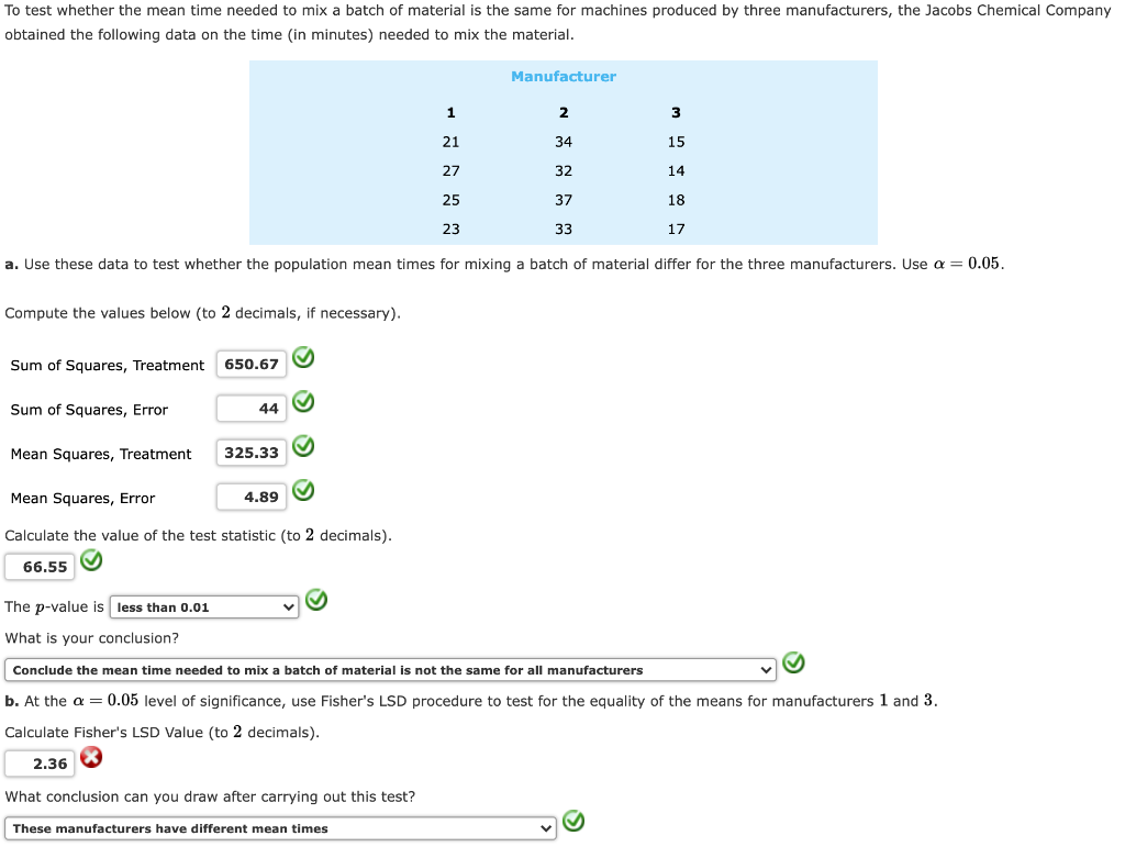 Solved To test whether the mean time needed to mix a batch | Chegg.com