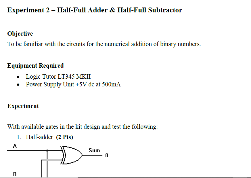 Experiment 2 - Half-Full Adder & Half-Full Subtractor | Chegg.com