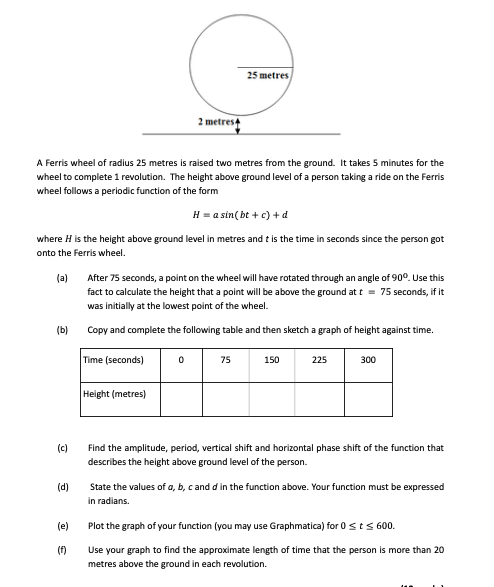 Solved 25 metres 2 metres A Ferris wheel of radius 25 metres | Chegg.com