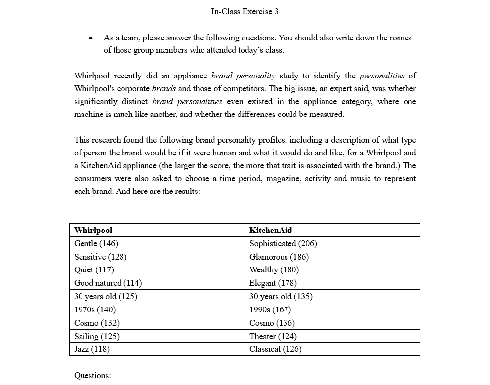 Solved In-Class Exercise 3 As a team, please answer the | Chegg.com