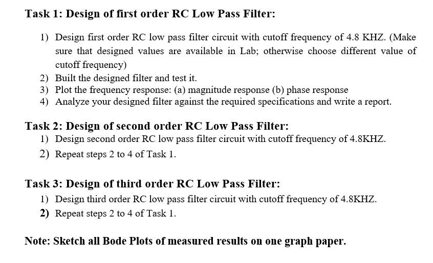 Solved Task 1: Design of first order RC Low Pass Filter: 1) | Chegg.com