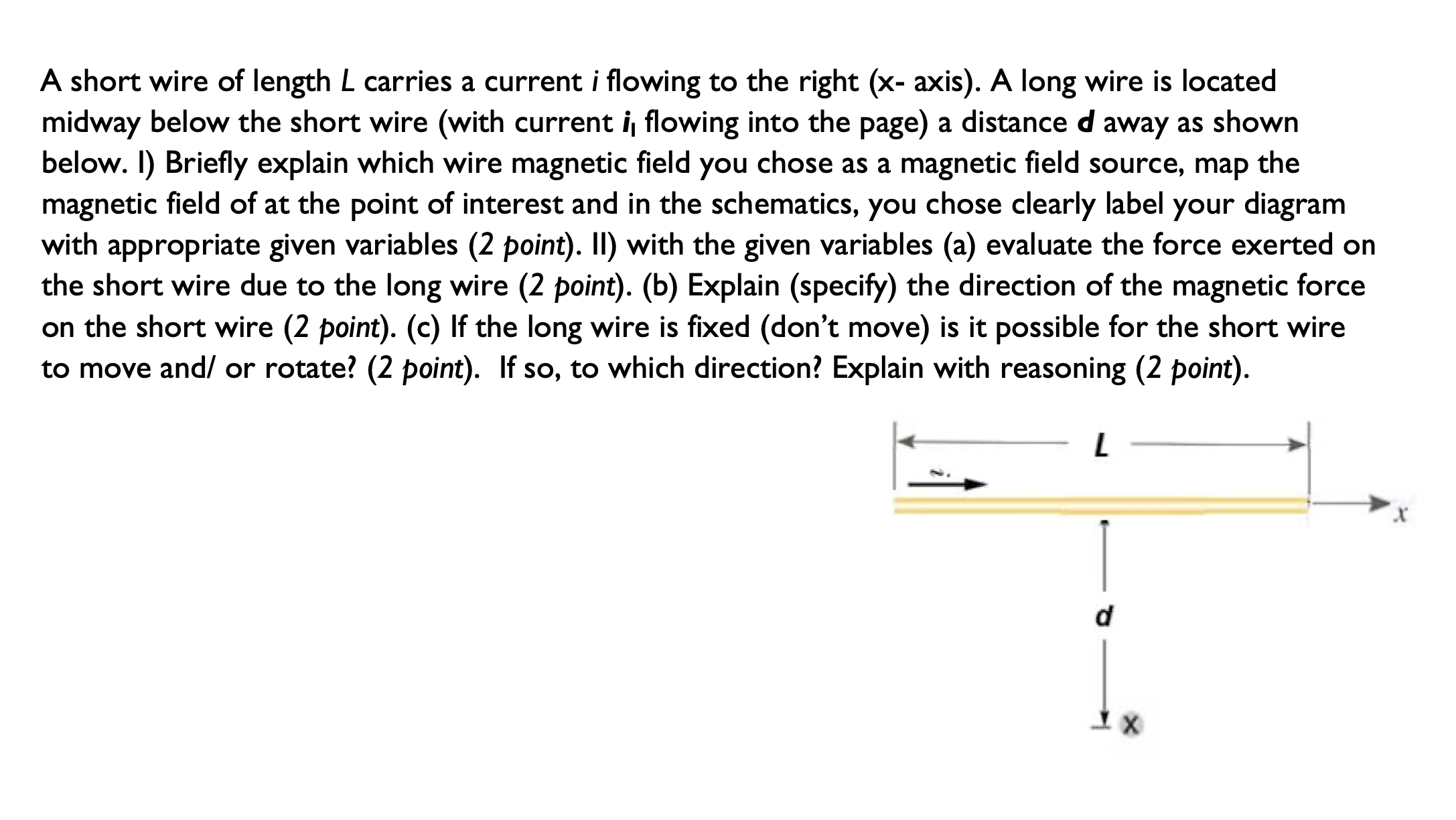 Solved A short wire of length L carries a current i flowing | Chegg.com