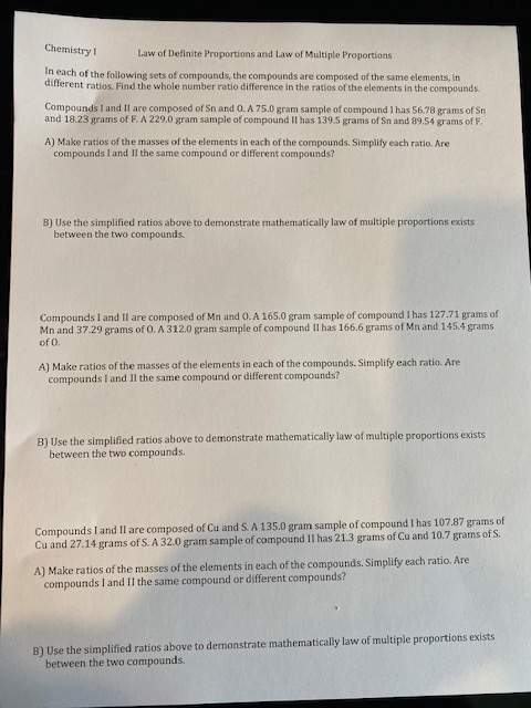 Chemistry Law of Definite Proportions and Law of | Chegg.com
