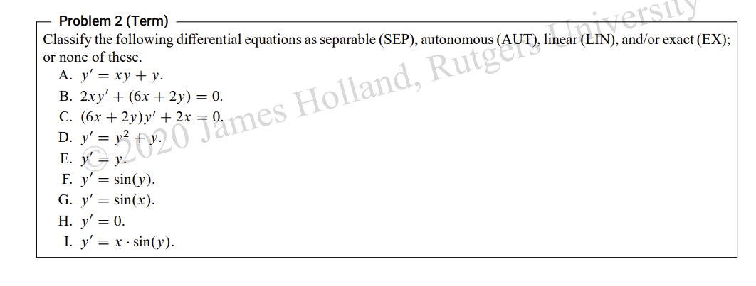 Solved Problem 2 (Term) Classify the following differential | Chegg.com