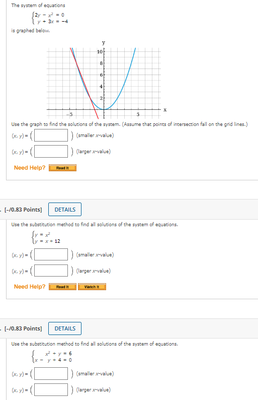 Solved The system of equations {2y−x2y+3x=0=−4 is graphed | Chegg.com