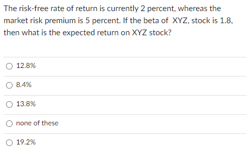 Solved The risk-free rate of return is currently 2 percent, | Chegg.com