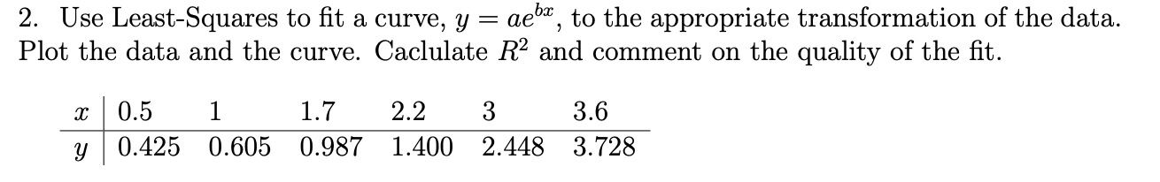 Solved Use Least-Squares to fit a curve, y = aebx, to the | Chegg.com