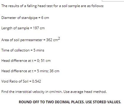 Solved The results of a falling head test for a soil sample | Chegg.com
