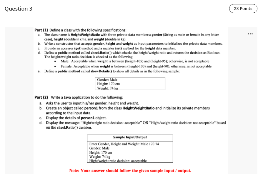 Solved Question 3 28 Points Part (1) Define a class with the | Chegg.com