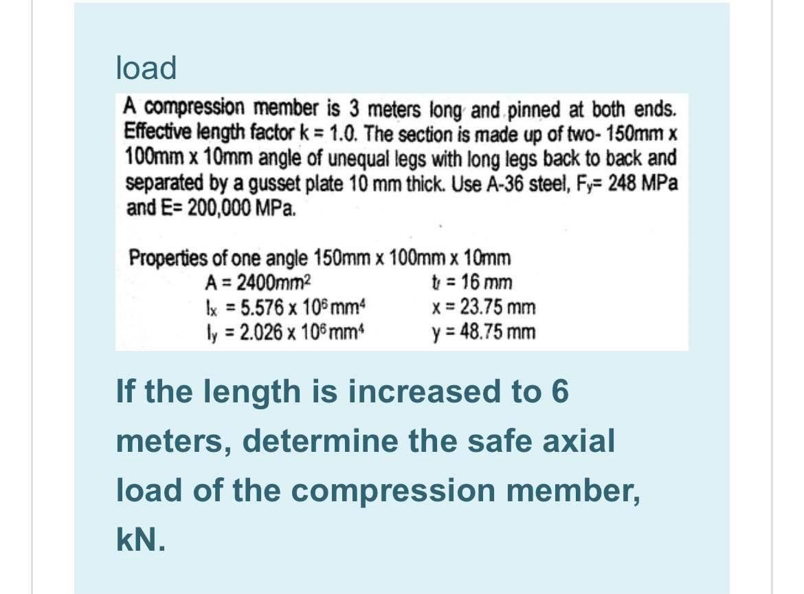Solved load A compression member is 3 meters long and pinned | Chegg.com