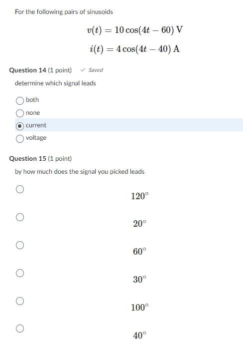 Solved For the following pairs of sinusoids | Chegg.com