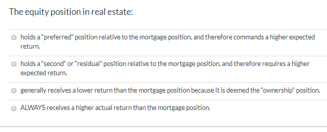 Solved The equity position in real estate: holds a | Chegg.com