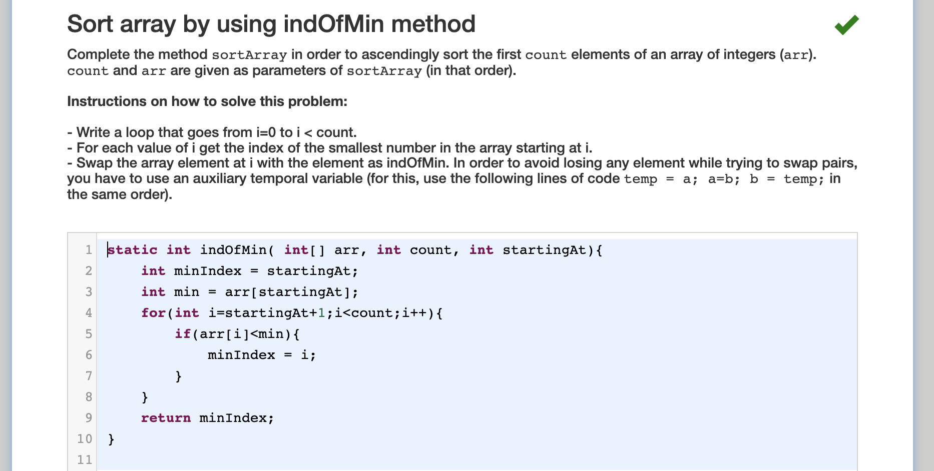 Solved Sort array by using indOfMin method Complete the | Chegg.com