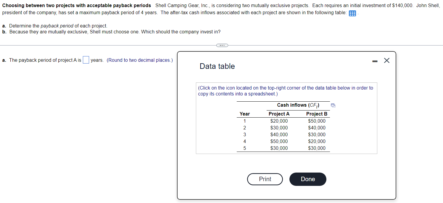 Solved Choosing between two projects with acceptable payback | Chegg.com