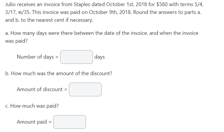 Solved Julio receives an invoice from Staples dated October | Chegg.com