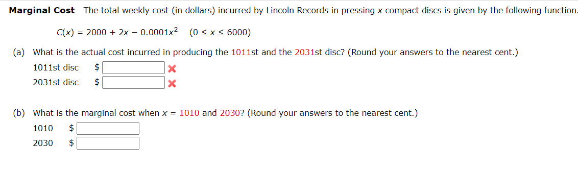Solved Marginal Cost The total weekly cost (in dollars) | Chegg.com