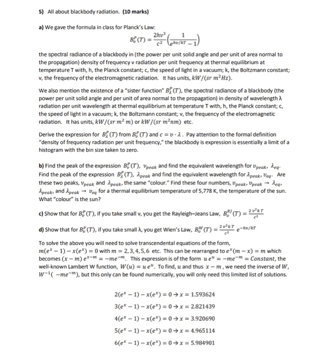 Solved 5) All about blackbody radiation. (10 marks) a) We | Chegg.com