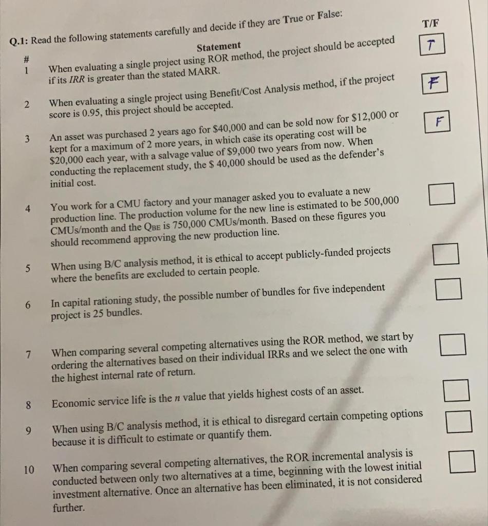Solved T/F 7 2 Q.1: Read the following statements carefully | Chegg.com