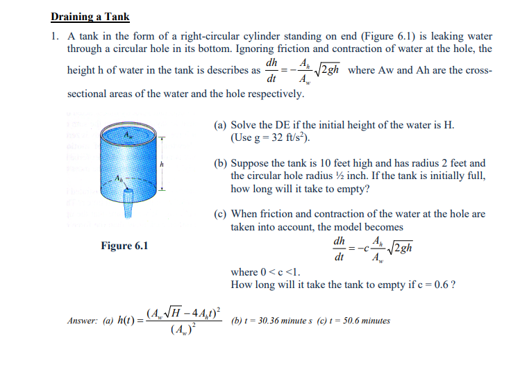 Solved Draining a Tank 1. A tank in the form of a | Chegg.com