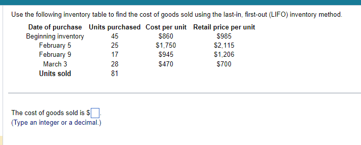Solved Use the following inventory table to find the cost of | Chegg.com