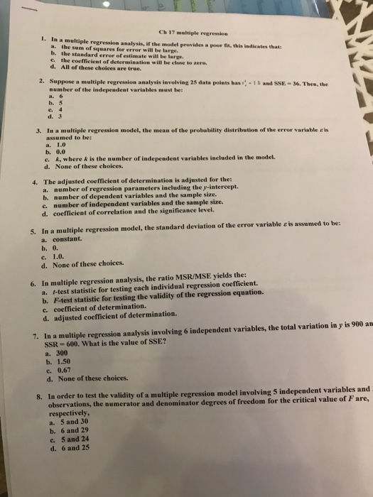 Solved Ch 17 multiple regression 1. In a multiple regressiom | Chegg.com