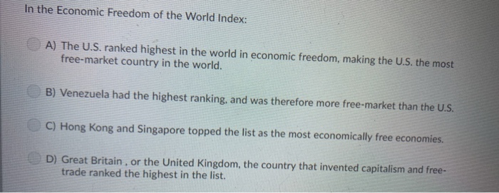 Solved In the Economic Freedom of the World Index: A) The | Chegg.com