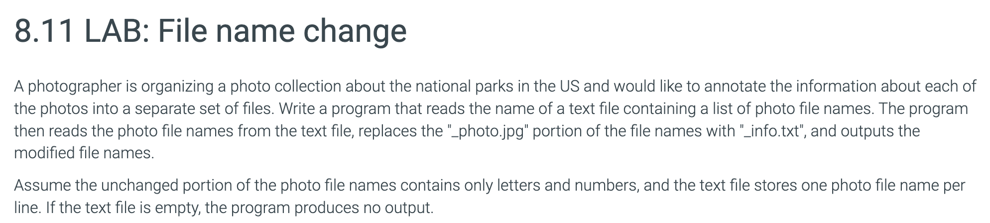 Solved 8.11 LAB: File name change A photographer is | Chegg.com