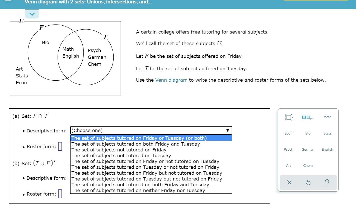 Solved Venn diagram with 2 sets: Unions, intersections, | Chegg.com