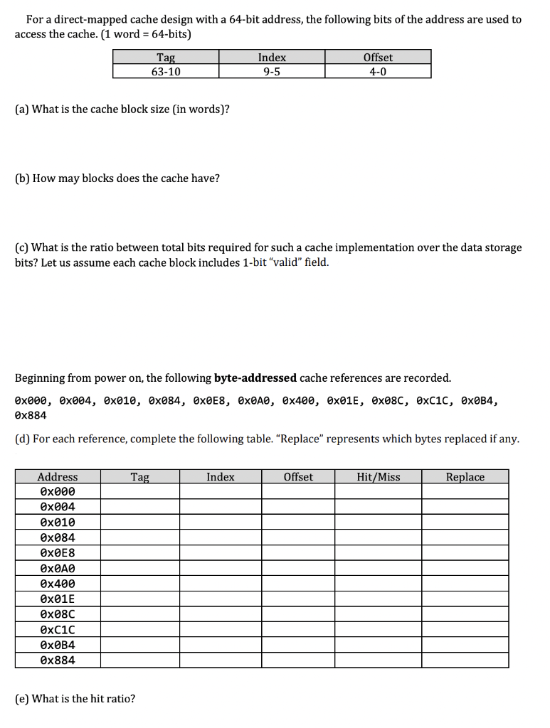 Solved For a direct-mapped cache design with a 64-bit | Chegg.com